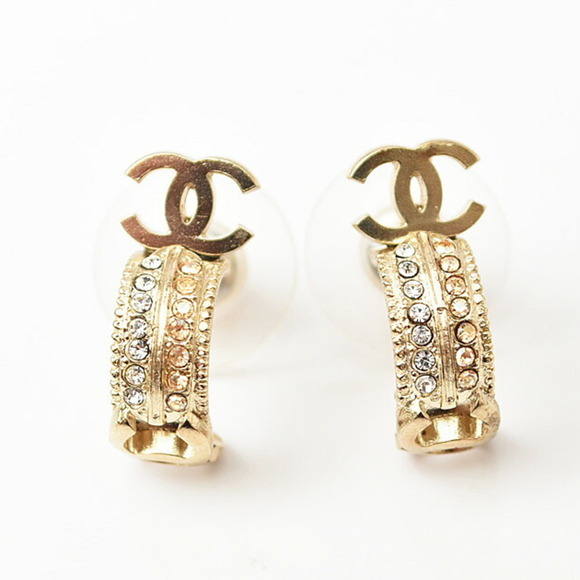 CHANEL | Jewelry | Chanel Earrings Double Cc Mark Rhinestone Gold ...